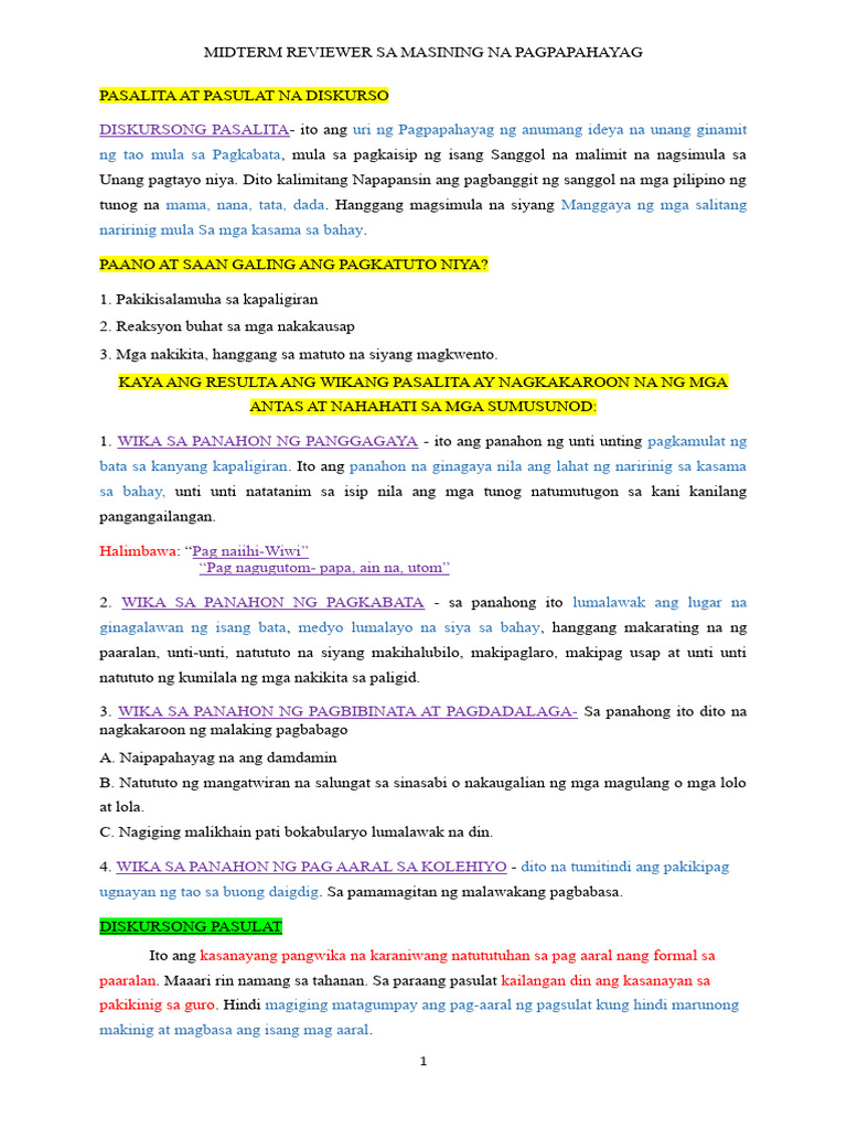 Masining Na Pagpapahayag Midterm Reviewer | PDF