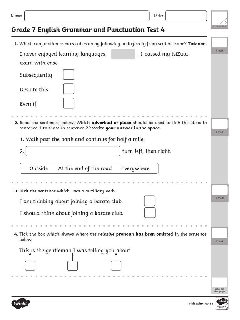 Za HL 988 Grade 7 English Grammar and Punctuation Test 4 Ver 2 | PDF ...