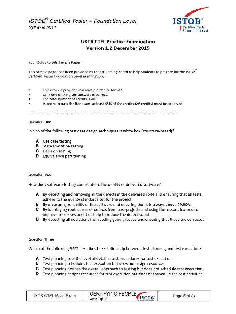 UKTB CTFL Practice Exam 2015 Questions V 1 2 | PDF | Software Testing ...