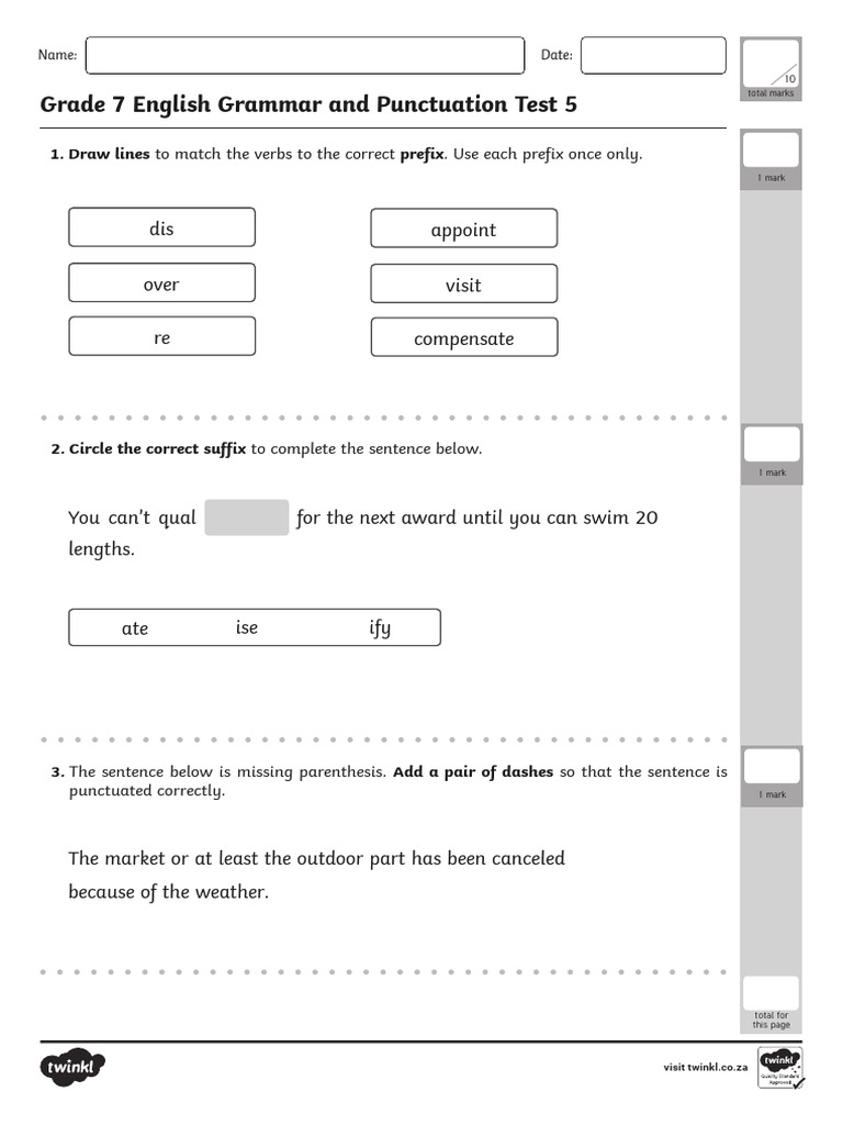 Za HL 990 Grade 7 English Grammar and Punctuation Test 5 Ver 5 | PDF ...