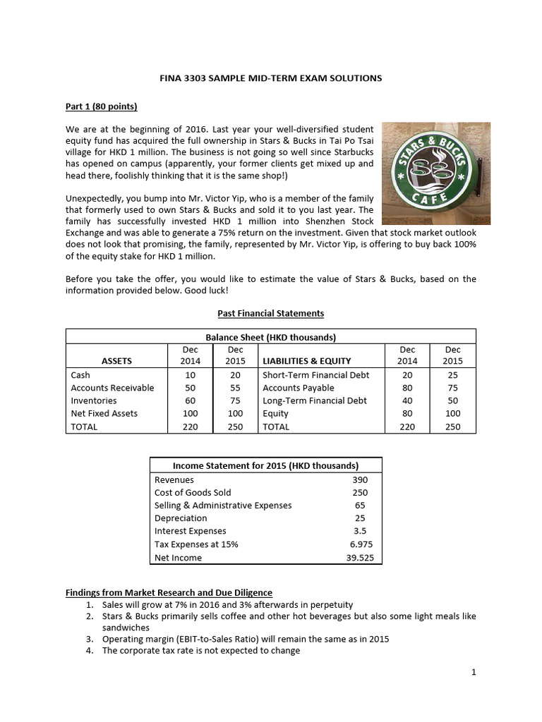 FINA 3303 Sample Midterm Exam 1 Solutions | PDF | Expense | Equity ...