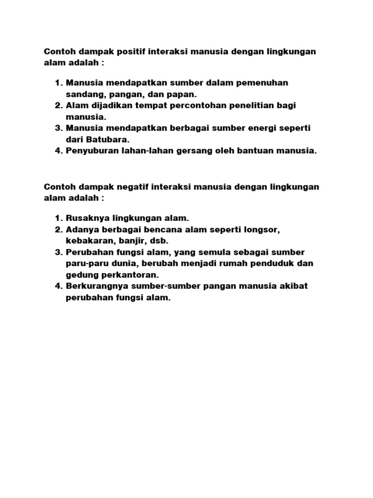Contoh Dampak Positif Interaksi Manusia Dengan Lingkungan Alam Adalah | PDF