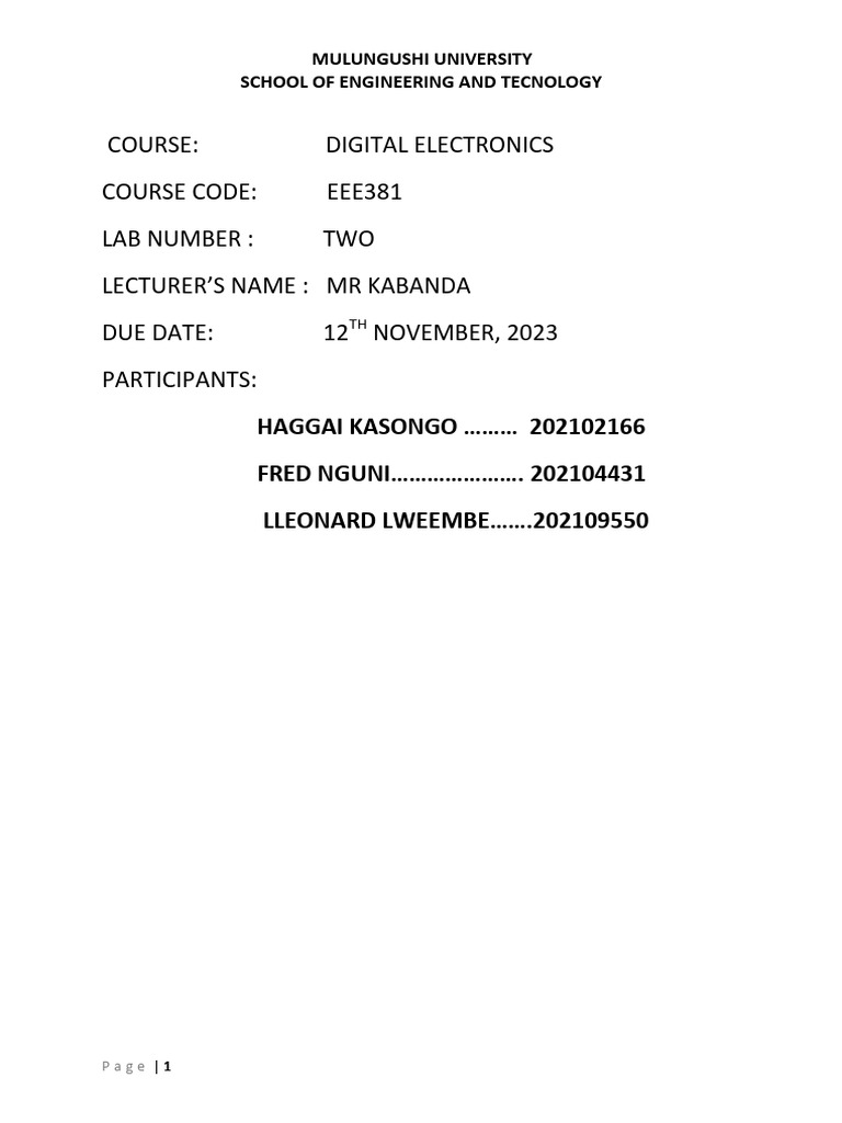 Lab Report 381 Lab2 Fred Nguni | PDF | Logic Gate | Mathematical Logic