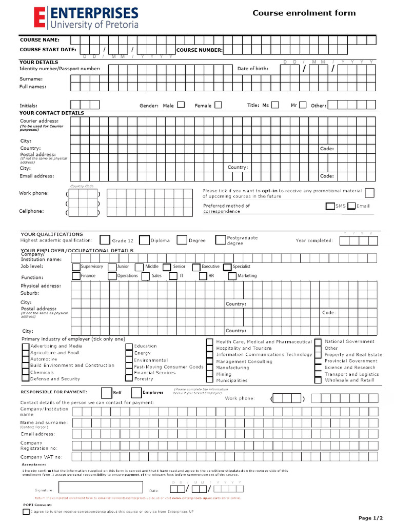 Digital Form Enterprises University of Pretoria Course Enrolment Form | PDF | Payments | Banks