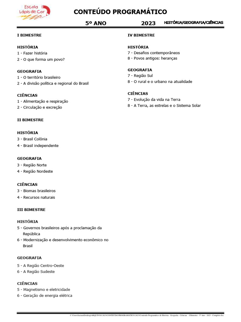 Conteúdo Programático de História - Geografia - Ciências - I Bimestre - 5º Ano - 2023 - Completo ...