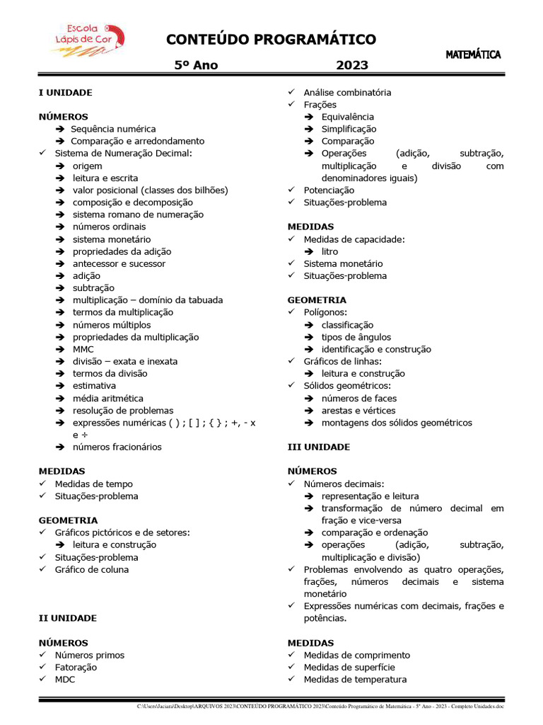 Conteúdo Programático de Matemática - 5º Ano - 2023 - Completo Unidades ...