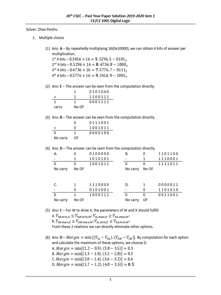 20 CSEC - Past Year Paper Solution 2019-2020 Sem 1 CE/CZ 1005 Digital Logic | PDF | Computer ...