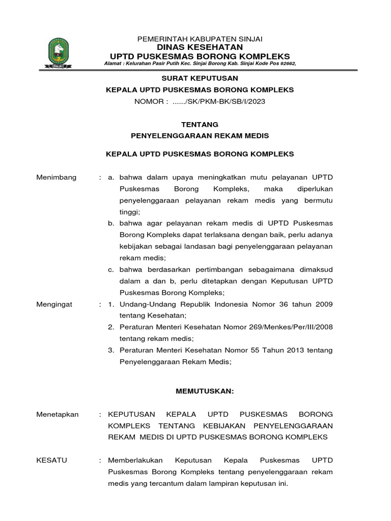 E 3.8.1.a.1 SK PENYELENGGARAAN REKAM MEDIS PKMBK TTD | PDF