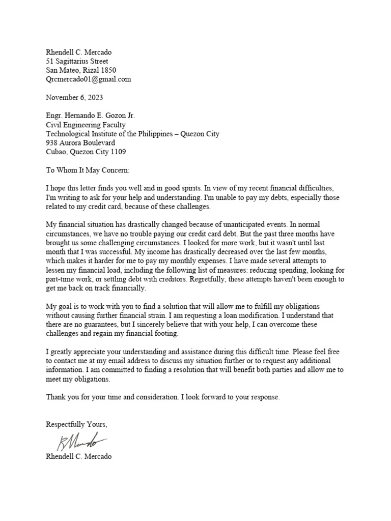 Financial Hardship Request Letter | PDF