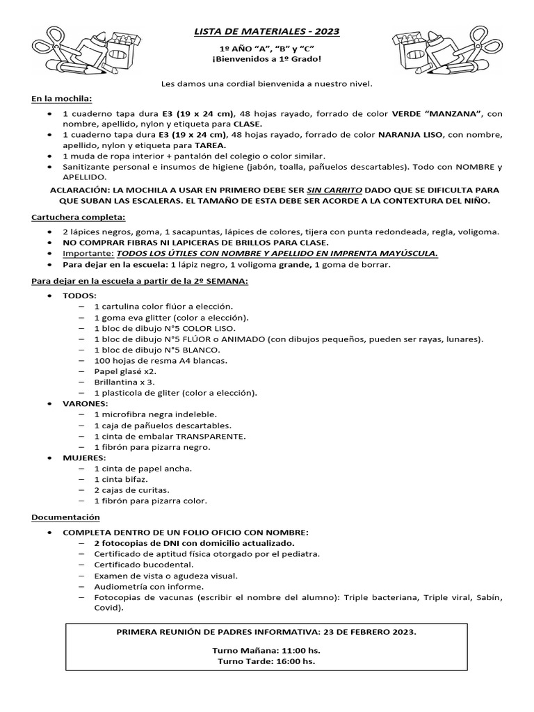 1er Grado ABC - LISTA DE MATERIALES 2023 | PDF | Herramientas | Equipo