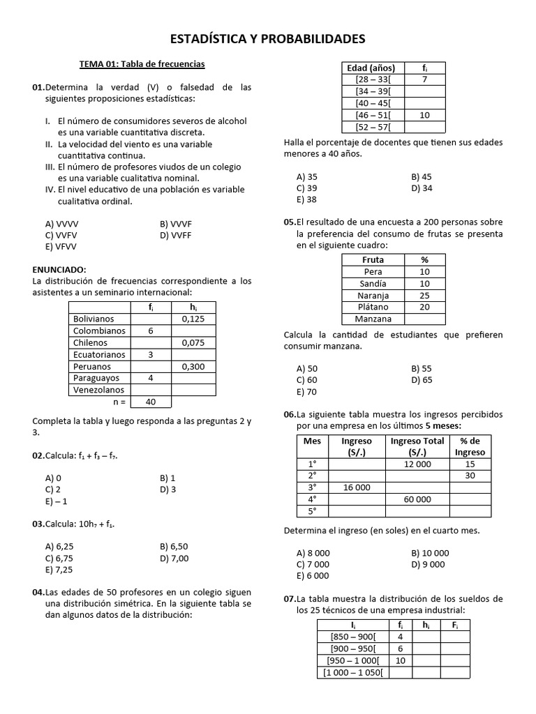 Banco de Preguntas de Estadística (Letras) | Descargar gratis PDF | Notación Matemática ...