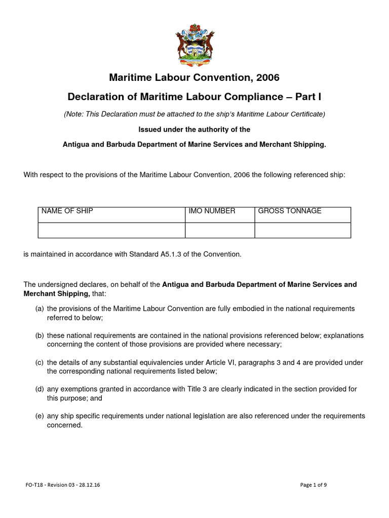 Declaration of Maritime Labour Compliance DMLC Part I | PDF ...