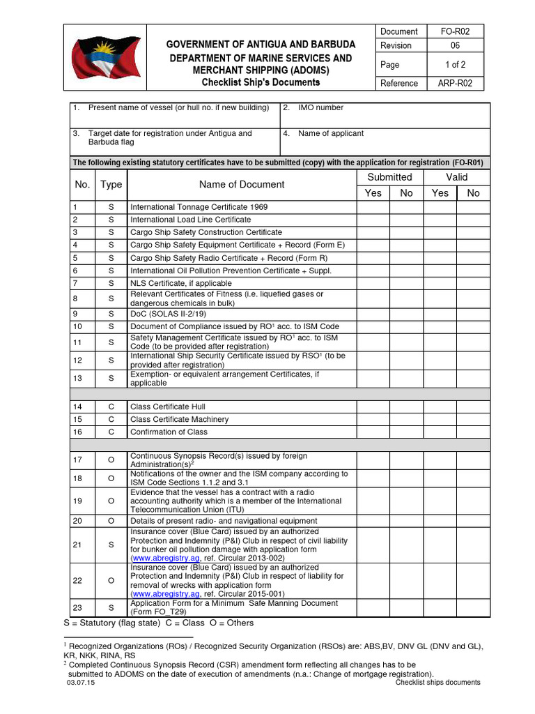 Flag State Inspection Document Checklist | PDF | Ships | Freight Transport