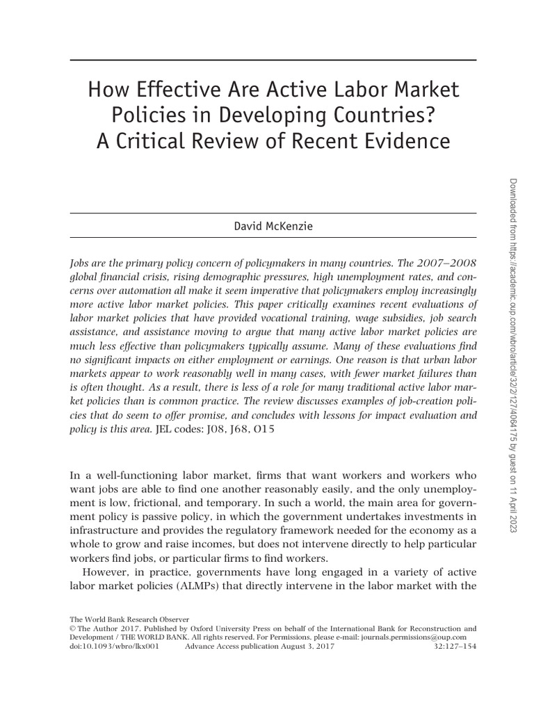 How Effevtive Are Active Labor Market Policies in Developing Countries ...