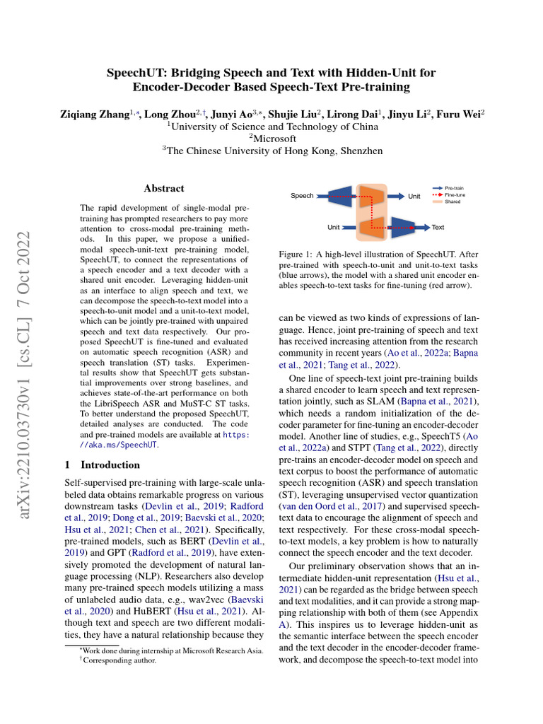 Speechut: Bridging Speech and Text With Hidden-Unit For Encoder-Decoder Based Speech-Text Pre ...