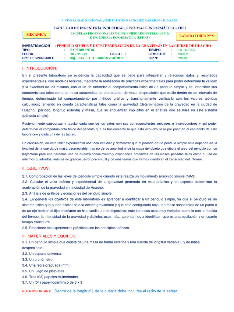 P. Lab. 5 - Péndulo Simple | PDF | Péndulo | Oscilación
