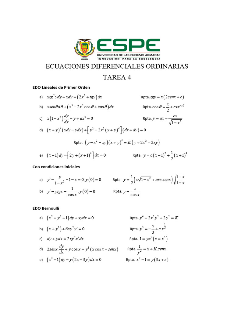 Tarea 4 EDO Lineales Bernoulli Ricatti Clairouts | PDF | Ecuaciones | Ecuaciones diferenciales