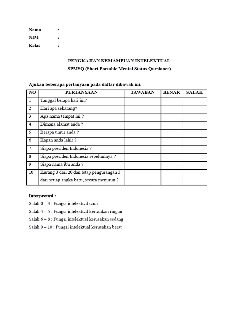 Pengkajian SPMSQ dan MMSE Kognitif | PDF