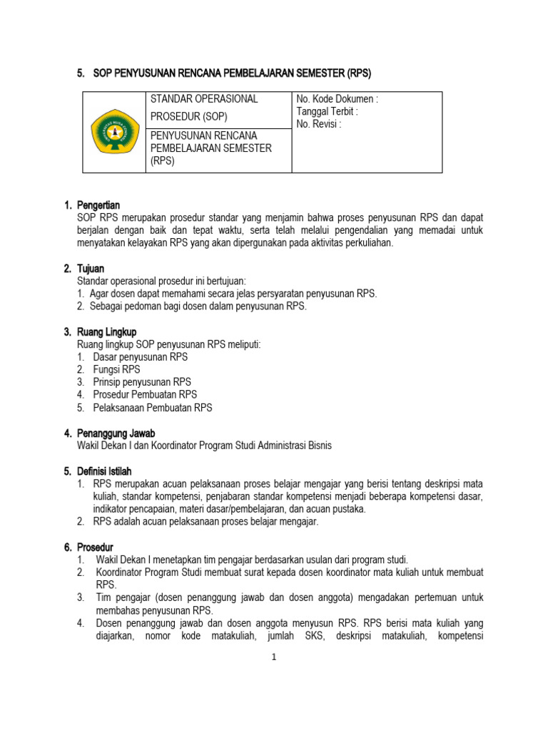 Sop Penyusunan Rencana Pembelajaran Semester (RPS) | PDF | Seni