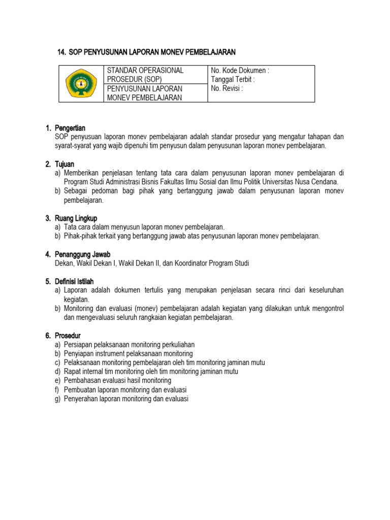 Sop Penyusunan Laporan Monev Pembelajaran | PDF