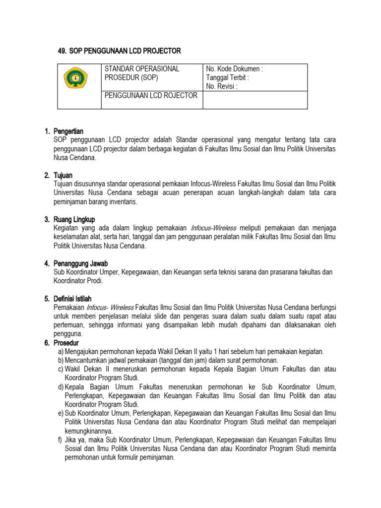 Sop Penggunaan LCD Projector | PDF