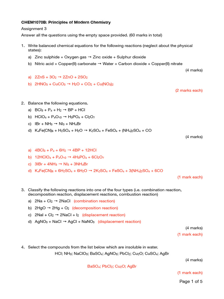 CHEM1070B - Assignment 3 Key | PDF | Redox | Chemical Reactions