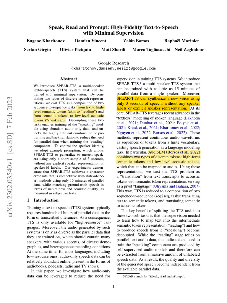 2023 - Speak, Read and Prompt High-Fidelity Text-To-Speech With Minimal Supervision - Kharitonov ...