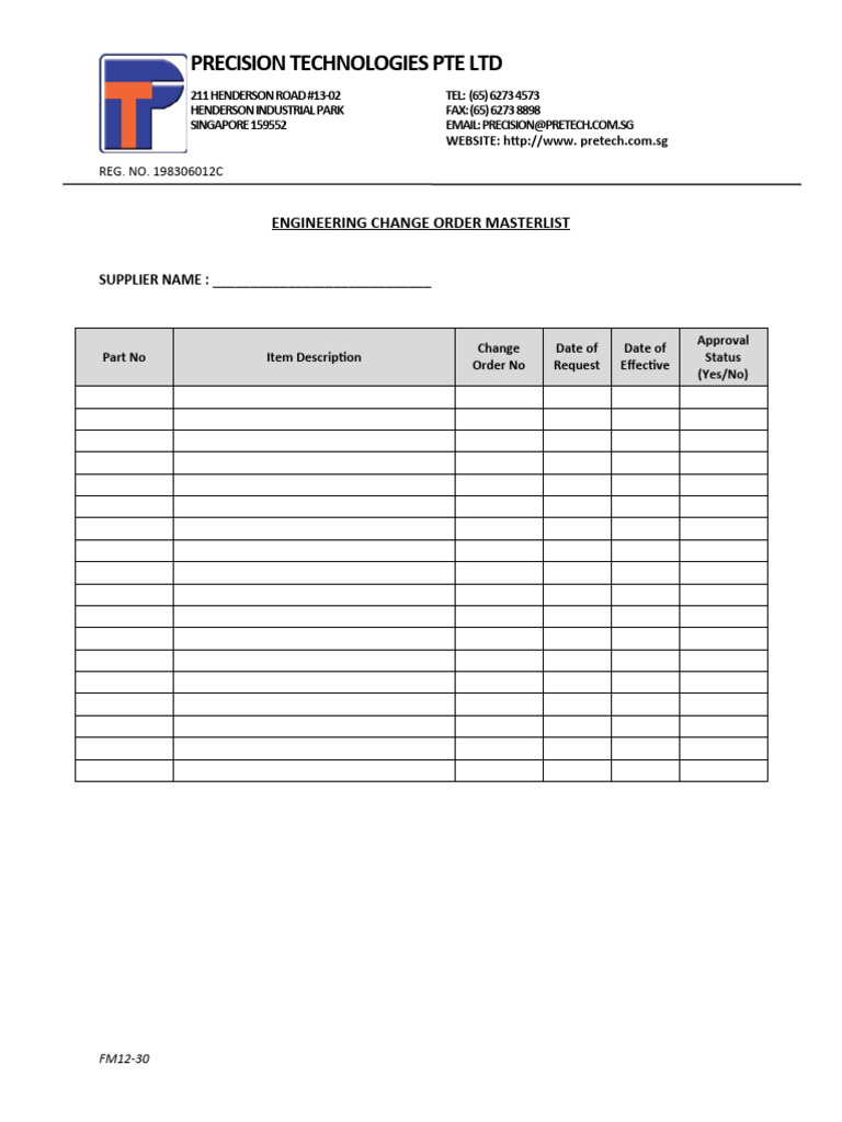 FM12-30 Engineering Change Order Masterlist | PDF