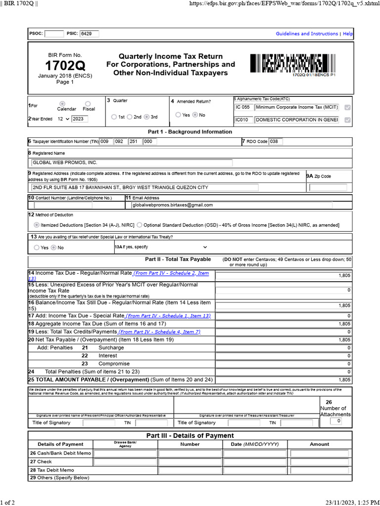 Quarterly Income Tax Return For Corporations, Partnerships and Other ...