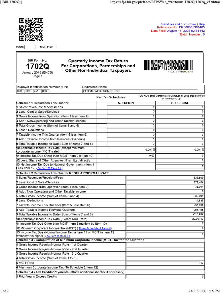 Quarterly Income Tax Return For Corporations, Partnerships and Other ...