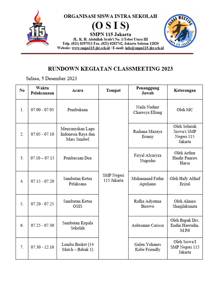 Rundown Classmeet Desember 2023 Terakhir 2 | PDF