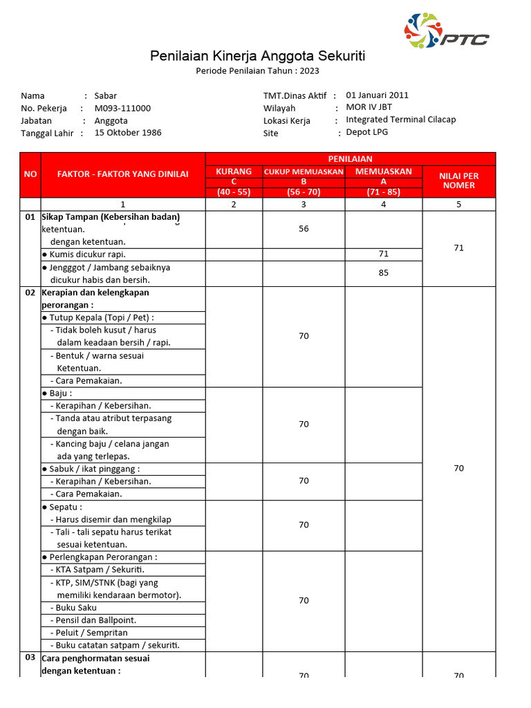 Form Penilaian Kinerja Anggota - DanRu - Penata Security - OK FIX | PDF
