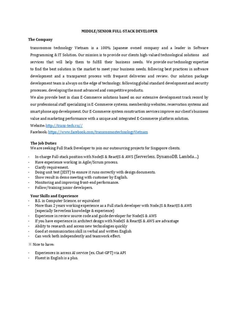 (Transcosmos) - Fullstack Engineer (Mid-Sen) | PDF | E Commerce | Amazon Web Services