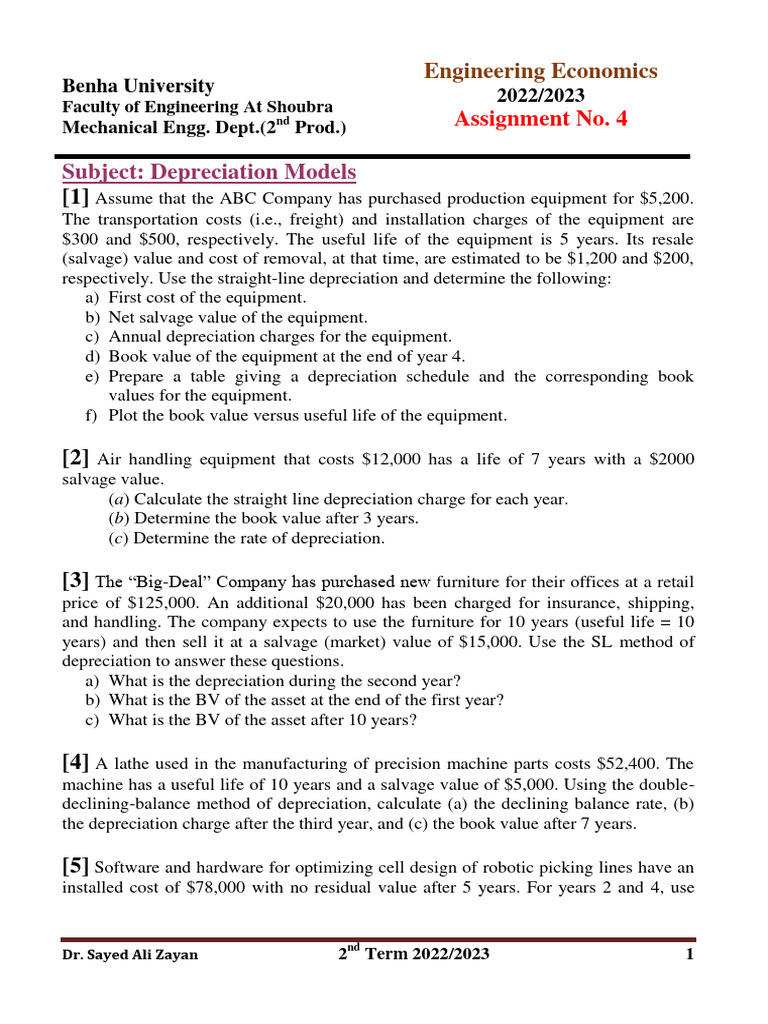 Engineering Economics: Depreciation Models | PDF | Depreciation | Book Value