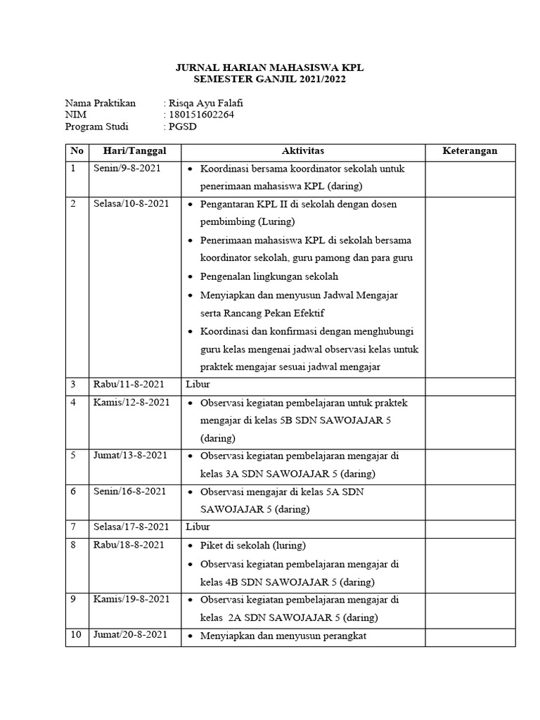 Contoh Jurnal-Harian-Mahasiswa-KPL-Gasal 21 | PDF