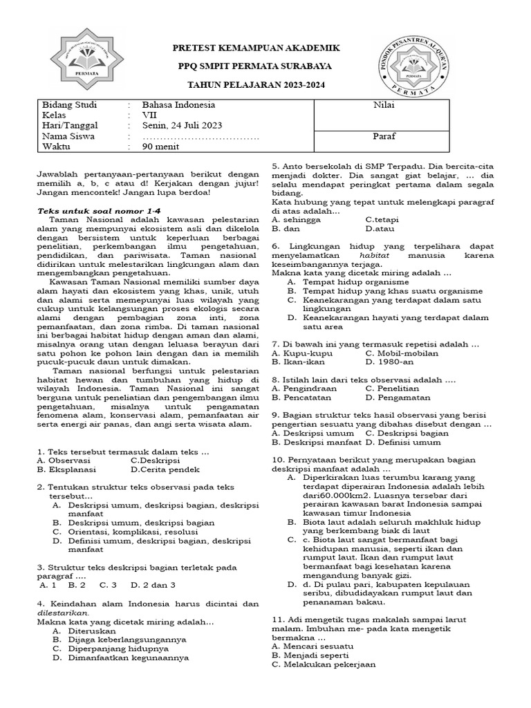 Soal Pas B. Indo Kelas 7 | PDF | Sains & Matematika