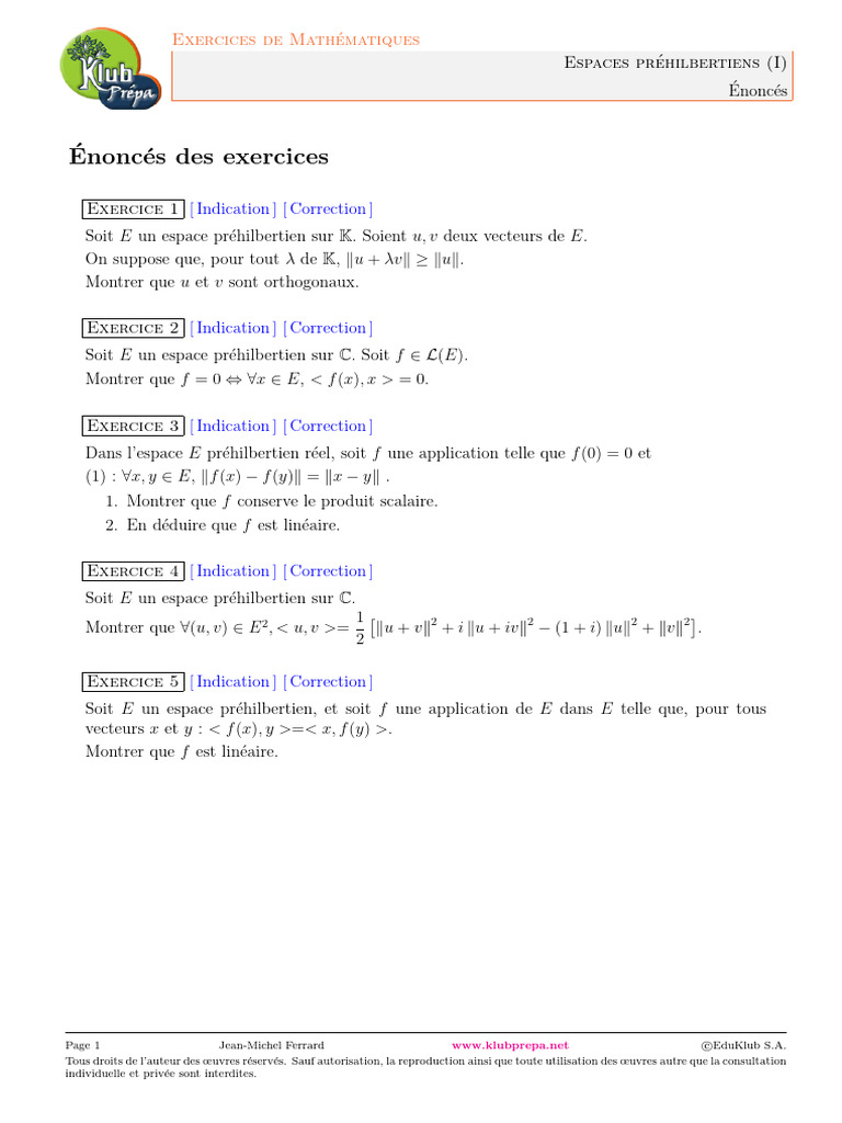 Exercices sur les Espaces Préhilbertiens | PDF | Scalaire ...
