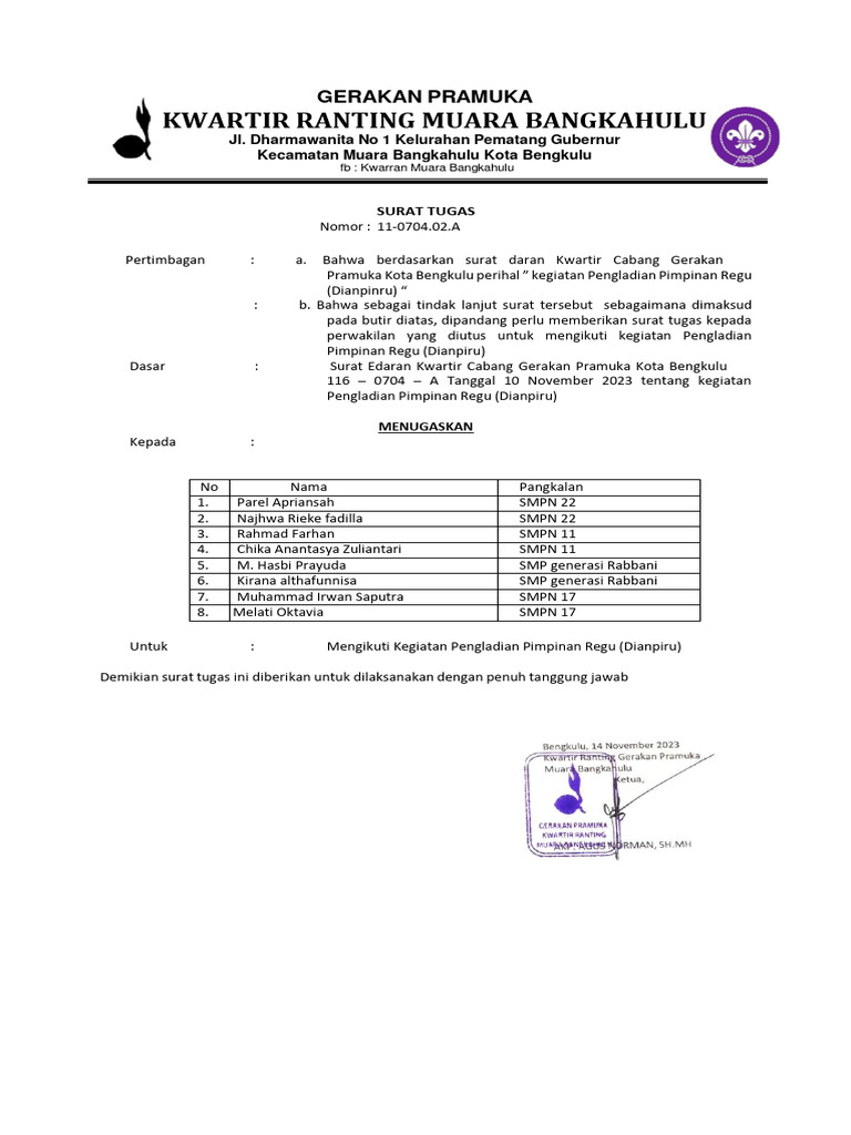 Surat Tugas Kwatir Ranting Muara Bangkahulu | PDF