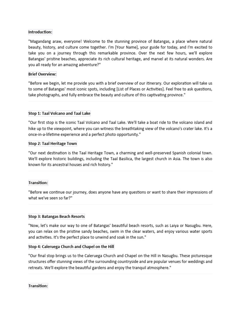Tour Guiding Script For Batangas | PDF