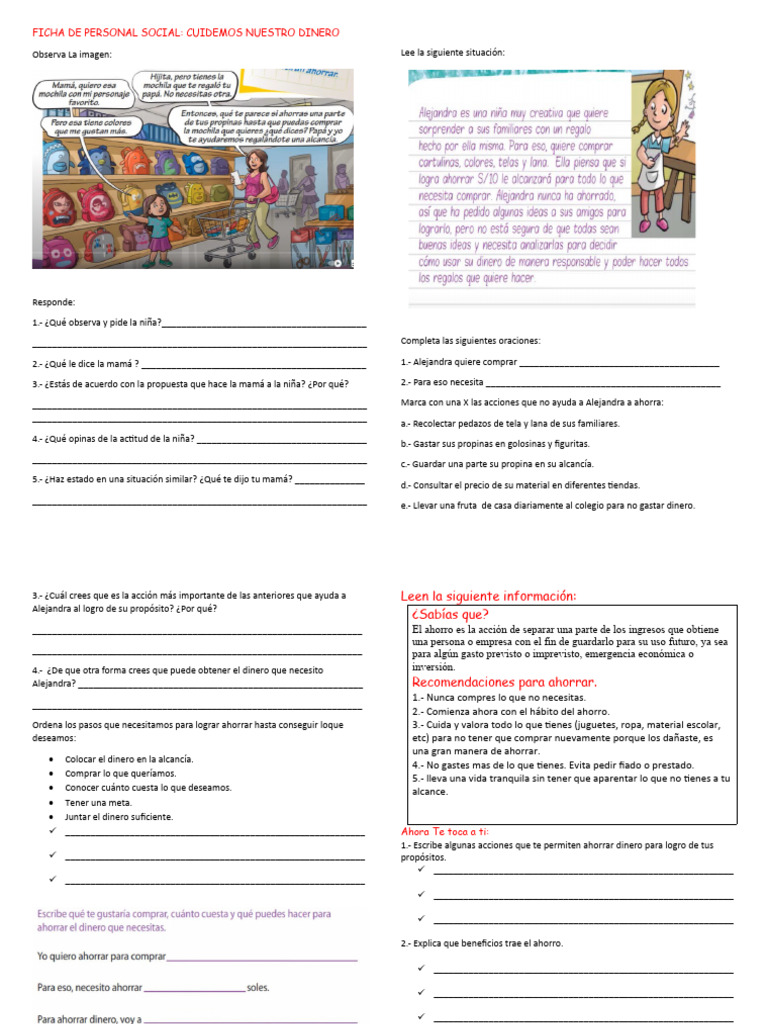 Ficha Cuidemos Nuestro Dinero (Ahorro) | PDF | Ahorro | Economias