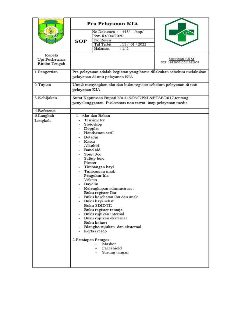 SOP Pra Pelayanan KIAa | PDF