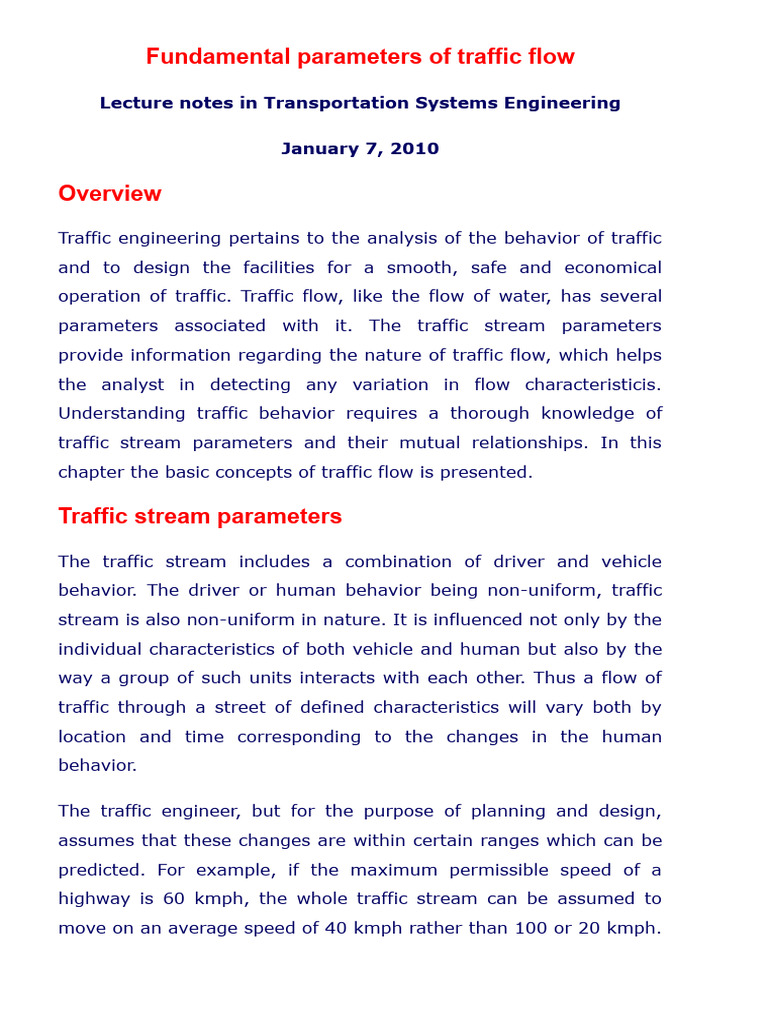 Fundamental Parameters of Traffic Flow | PDF | Speed | Time