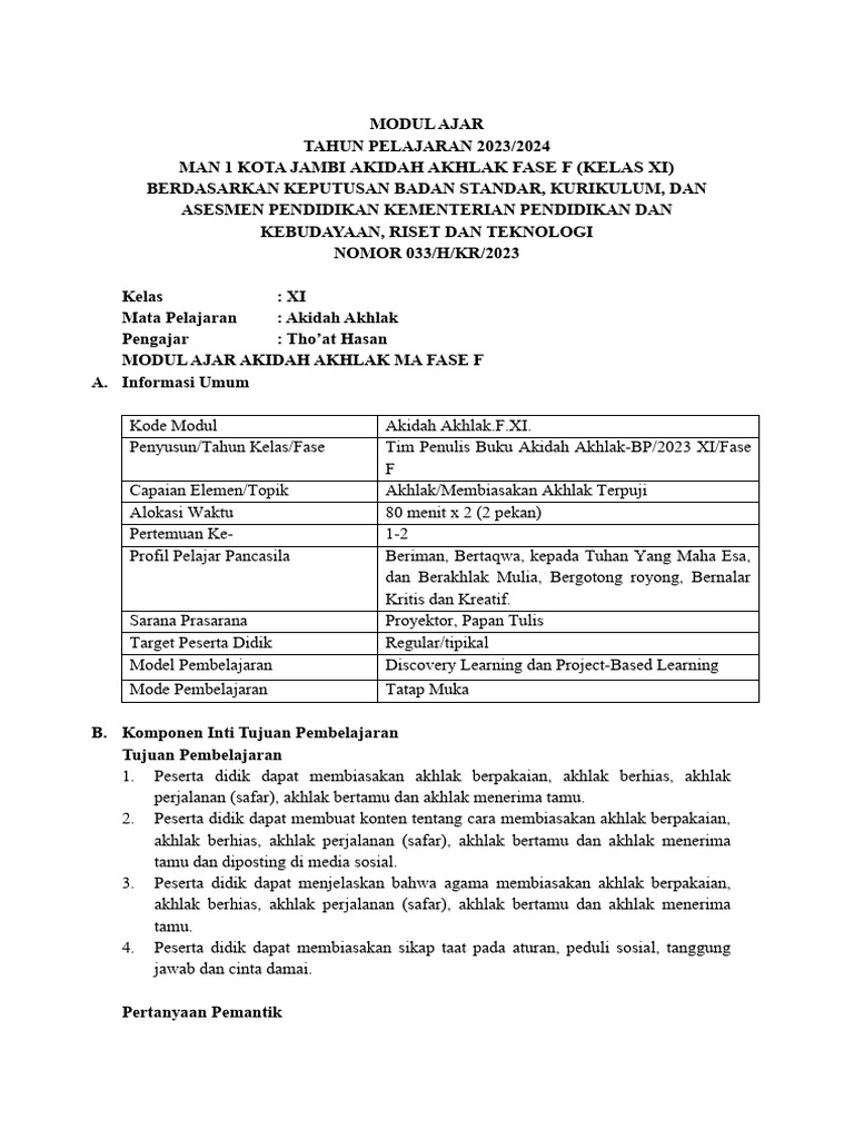 Modul Ajar Akidah Akhlak BAB 4 Kelas XI | PDF Modul Ajar Akidah Akhlak BAB 4 Kelas XI | PDF