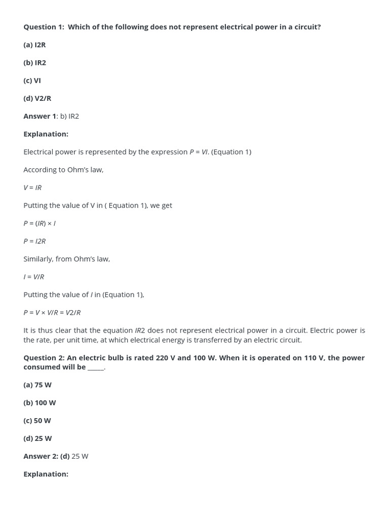 Electricity and Magnetic Effect Mcqs With Explanation | PDF | Electric ...