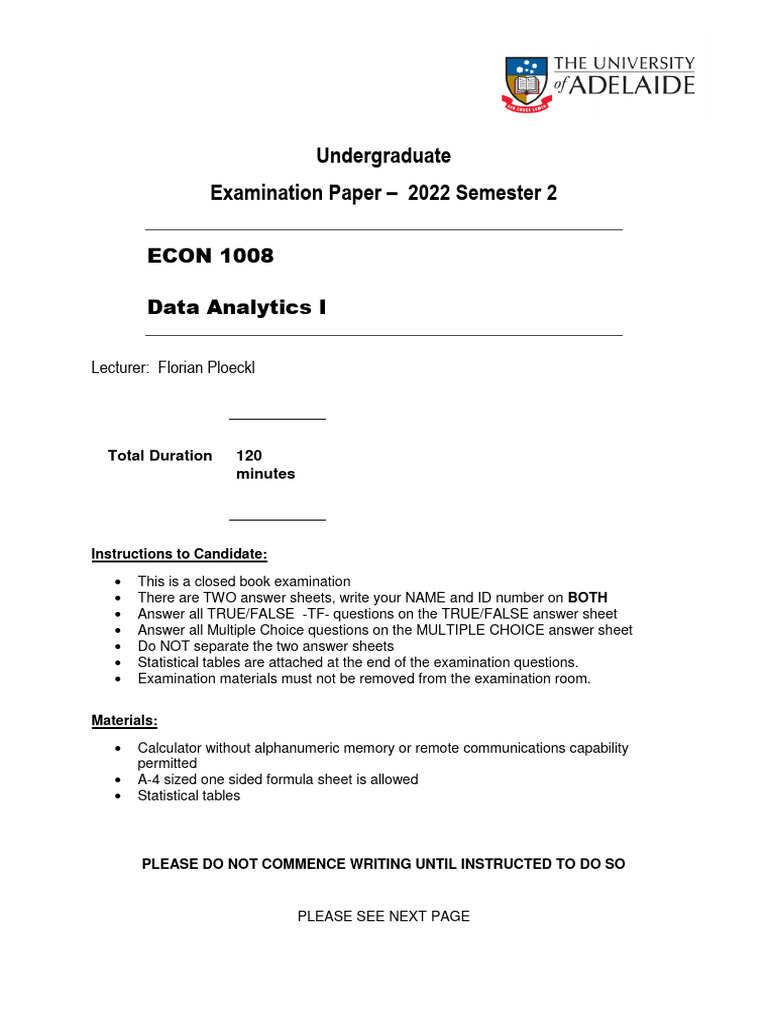 MyUni Example - ECON 1008 Data Analytics I - Exam | PDF | Histogram ...