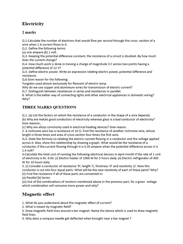 Electricity and Magnetic Effect Test Ques | PDF | Electrical Resistance ...