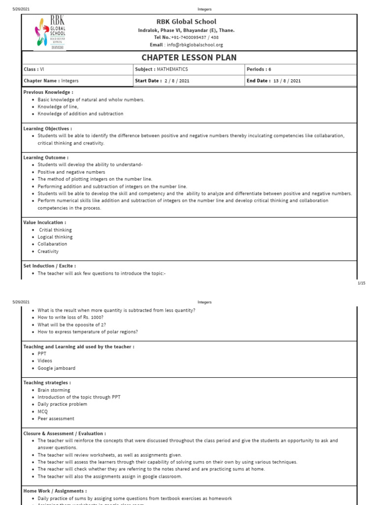 Integers | PDF | Critical Thinking | Lesson Plan Integers | PDF | Critical Thinking | Lesson Plan