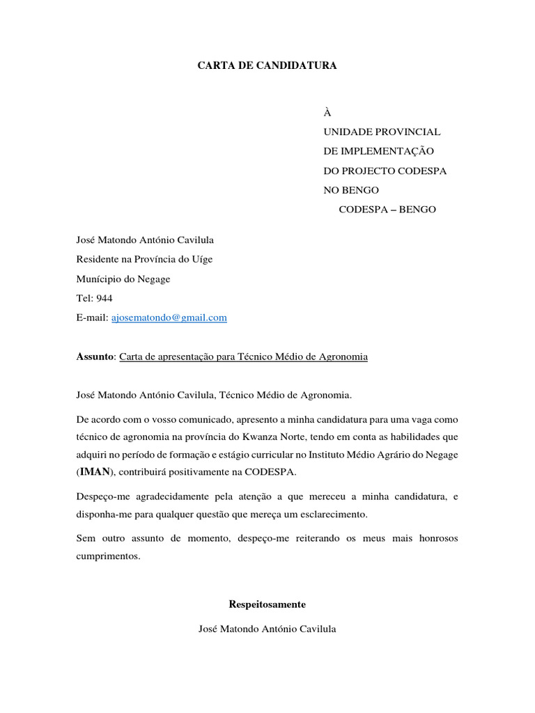 CARTA DE CANDIDATURA Kiala | PDF