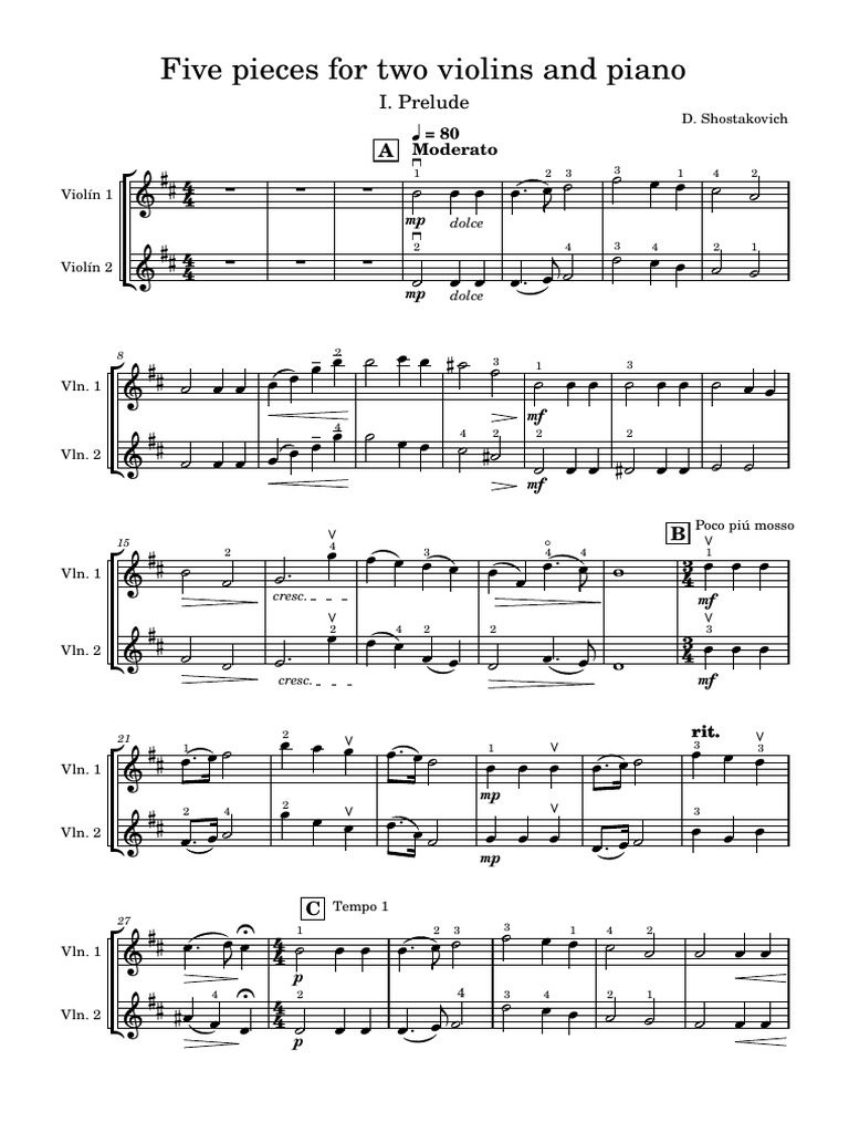 Five Pieces For Two Violins and Piano - Partitura - y - Partes | PDF ...