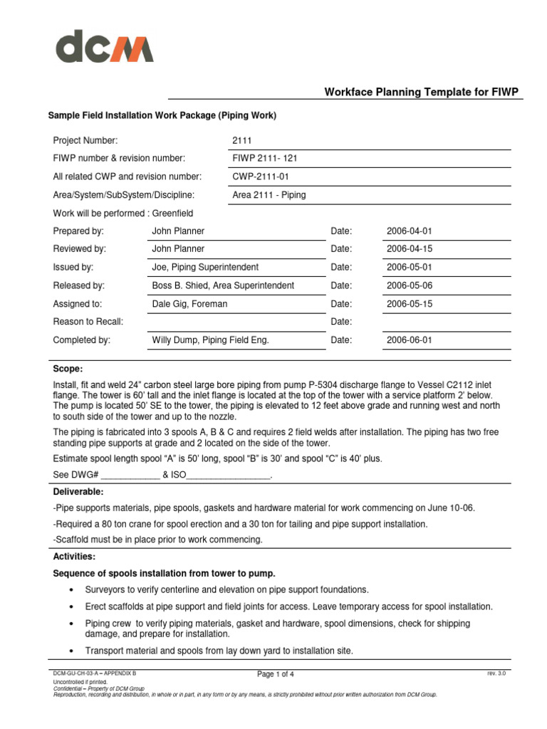 DCM-GU-CH-03-A Appendix B - Workface Plan Template (Piping) | PDF ...